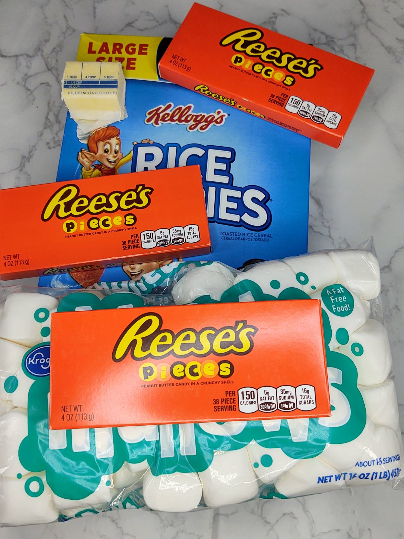 Reese's Pieces Rice Krispie Treats | OverThePartyTable
